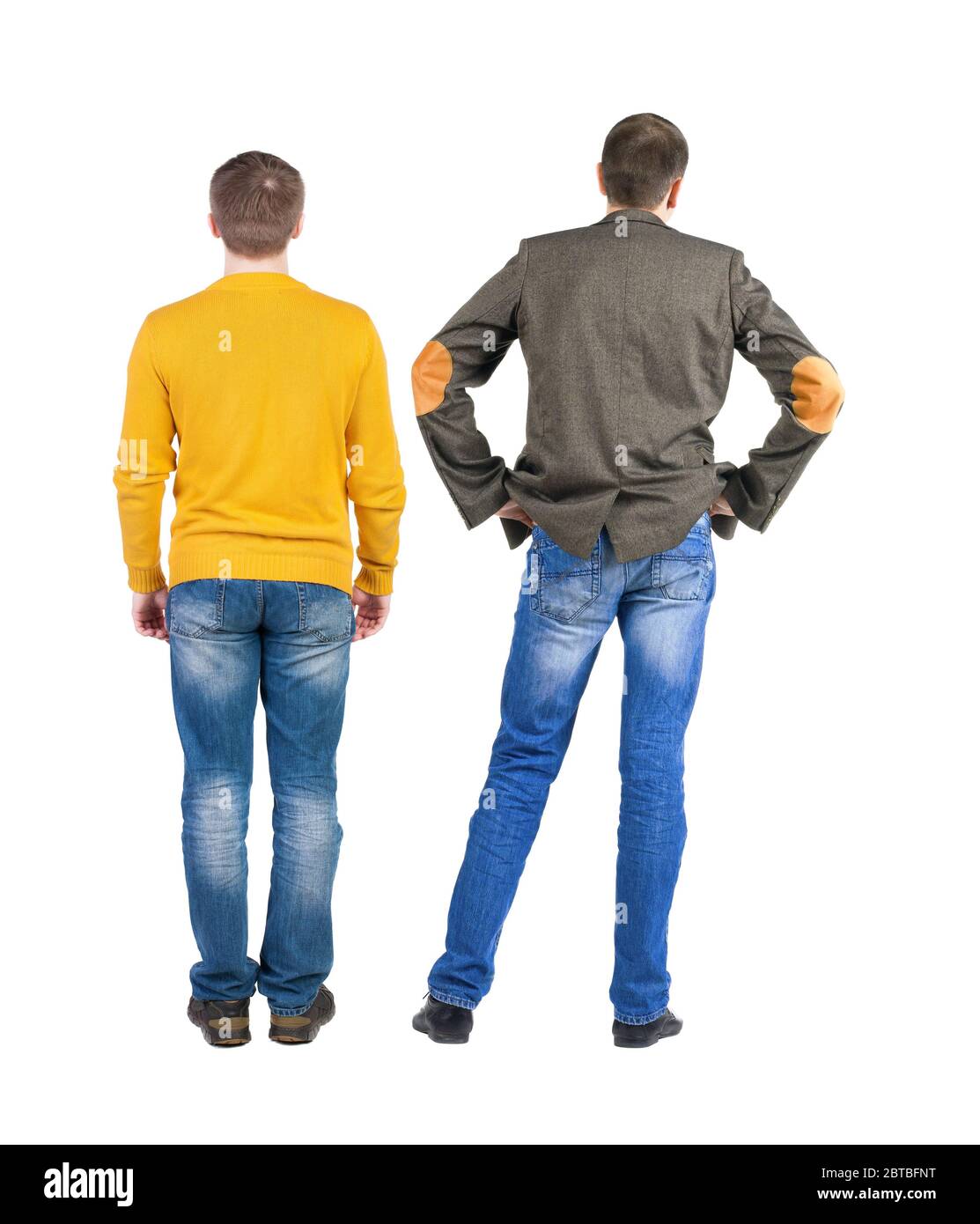 Back view of two man in sweater pointing. Rear view people collection ...