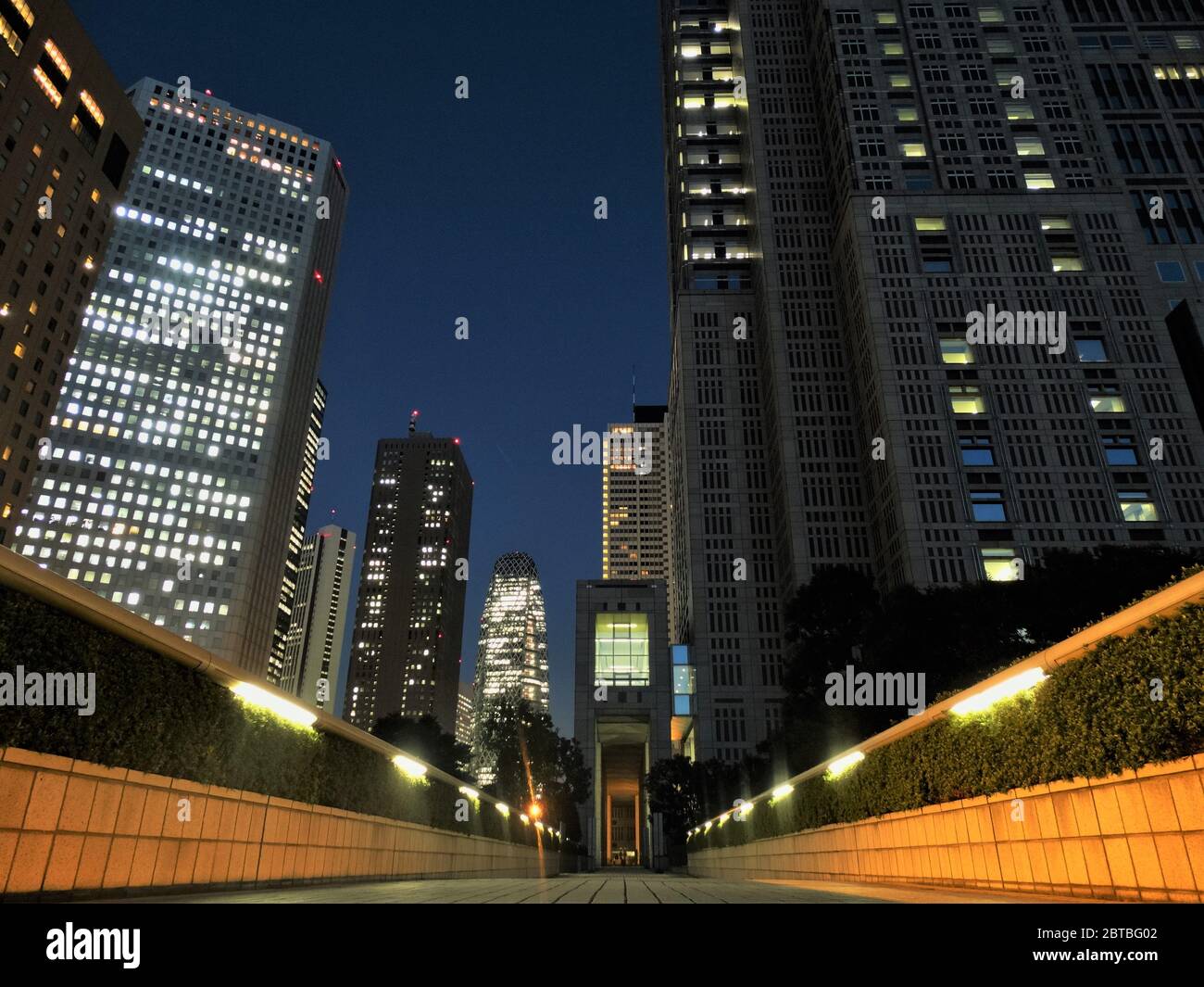 Tokyo street and skyscrapers with enlightened windows view from below ...