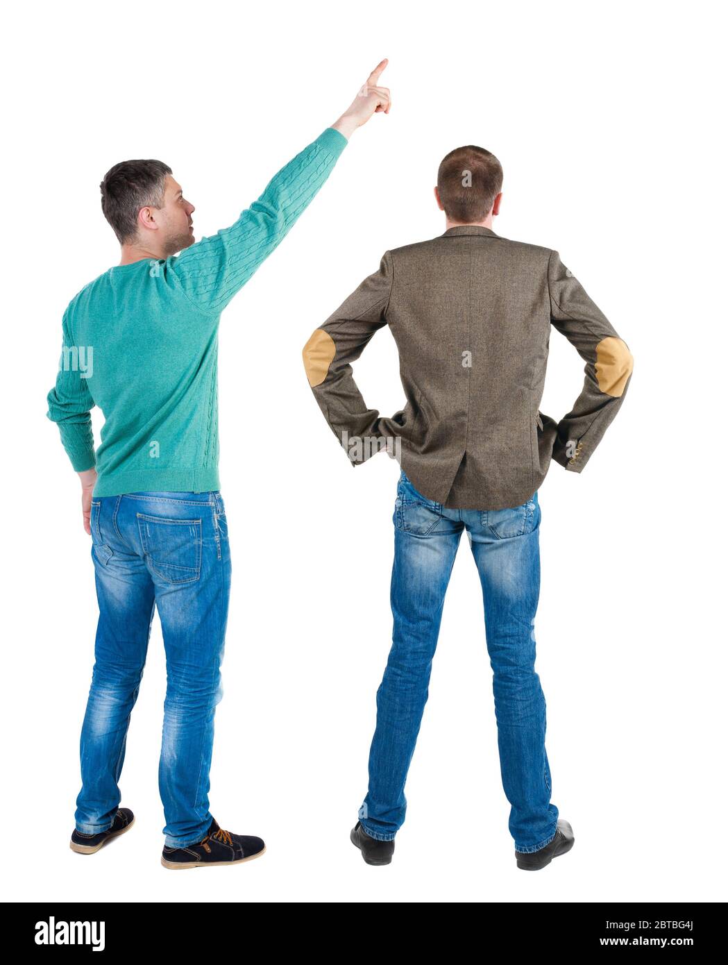 Back view of two man in sweater pointing. Rear view people collection ...