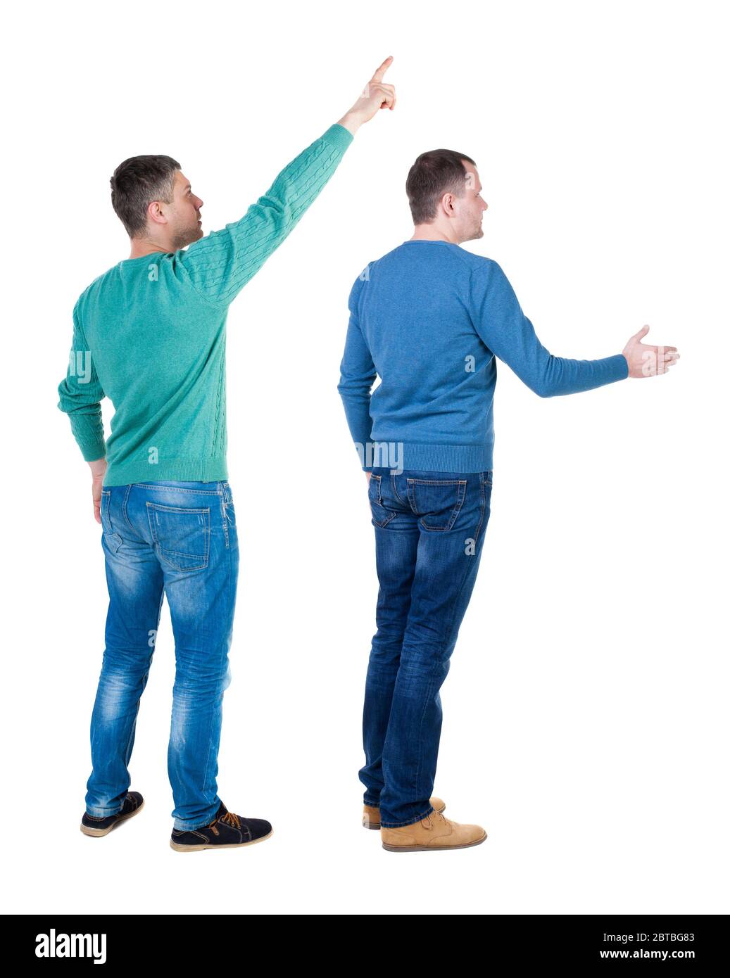 Back view of two man in sweater pointing. Rear view people collection ...