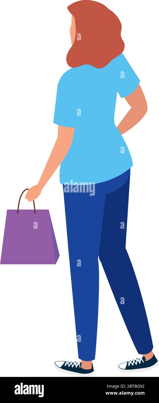 back view of young woman with bag shopping on white background Stock ...