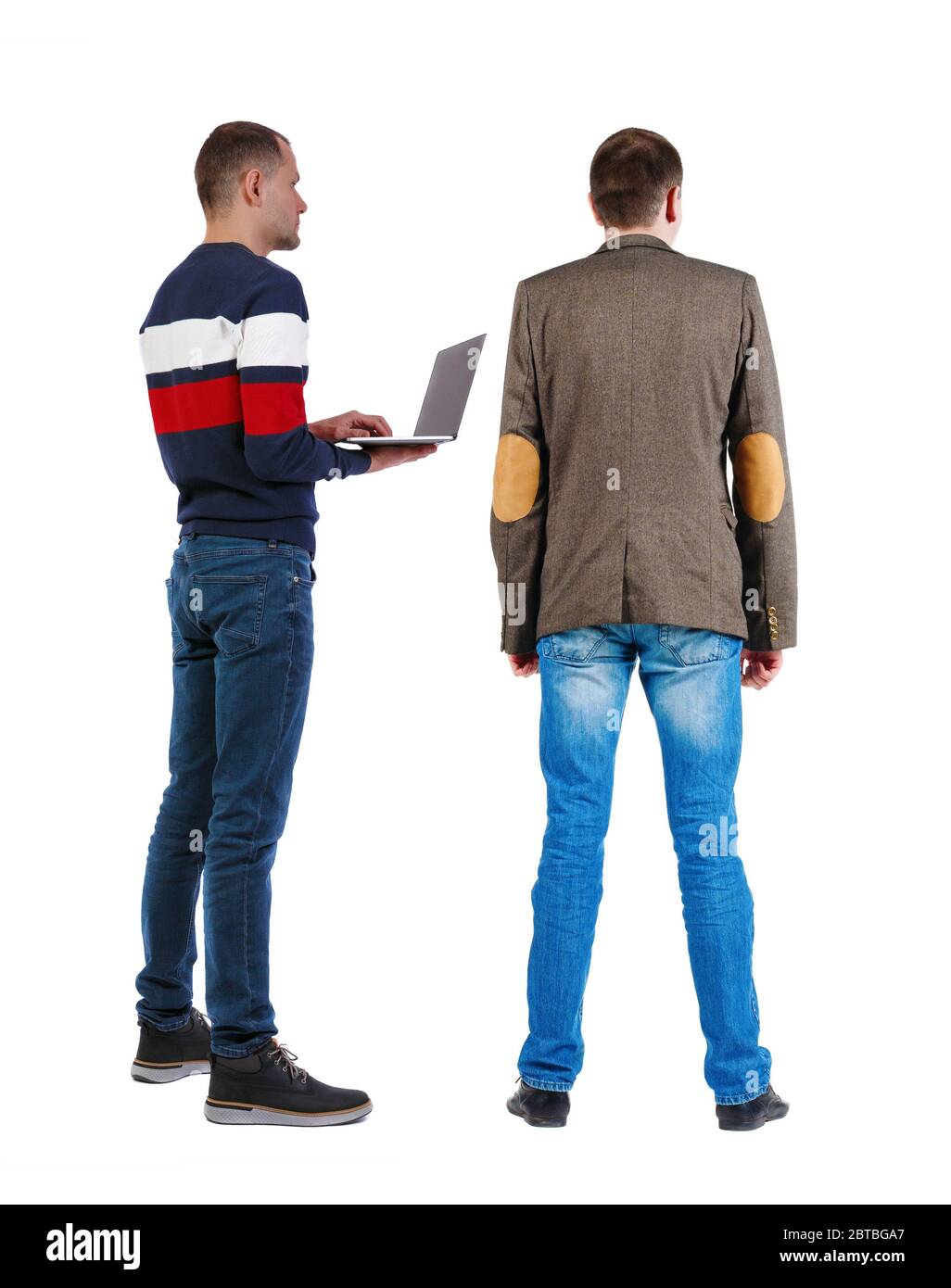 Back view two man in sweater with laptop. Rear view people collection ...