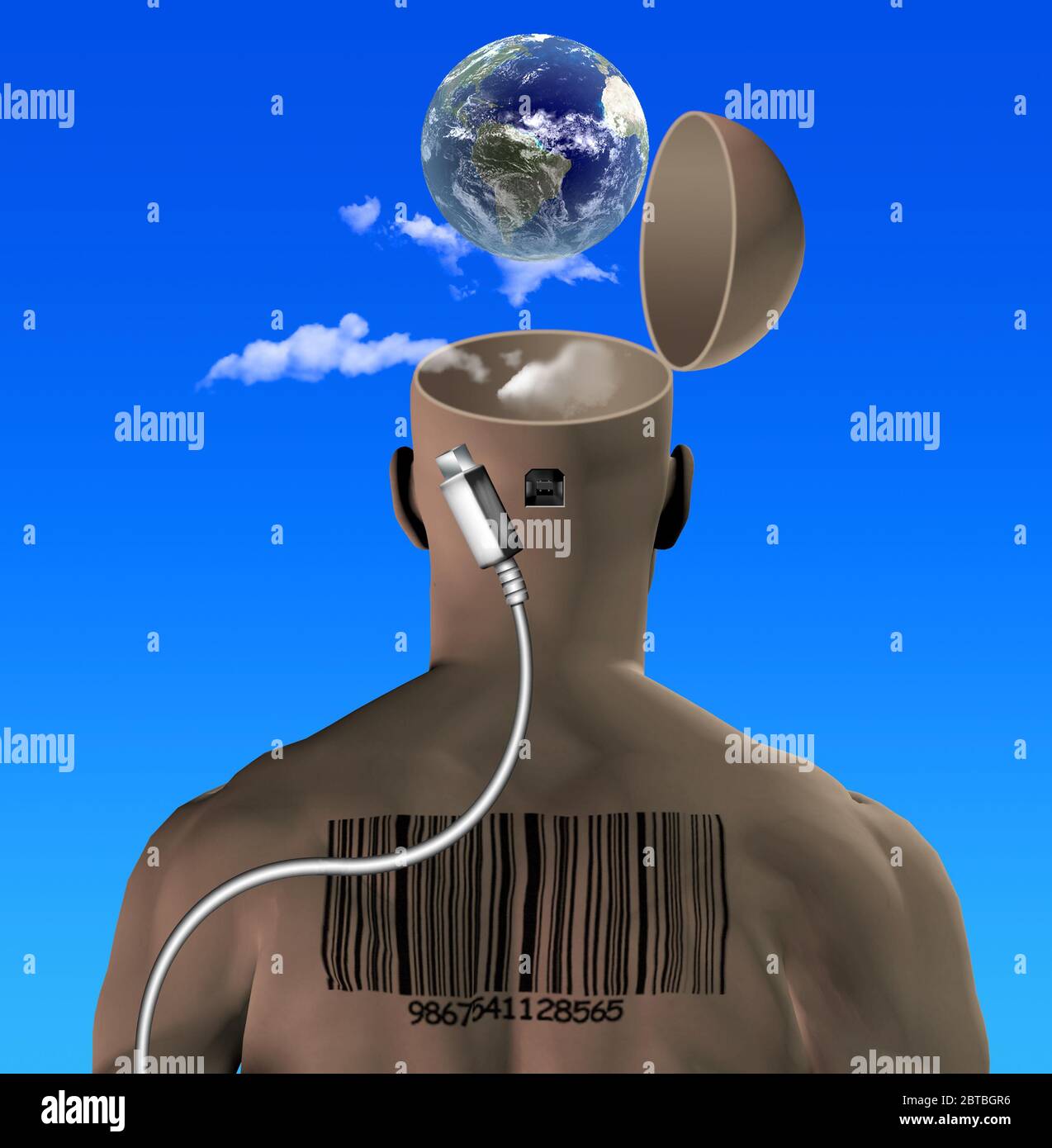 Empty head man with barcode and USB socket Stock Photo - Alamy