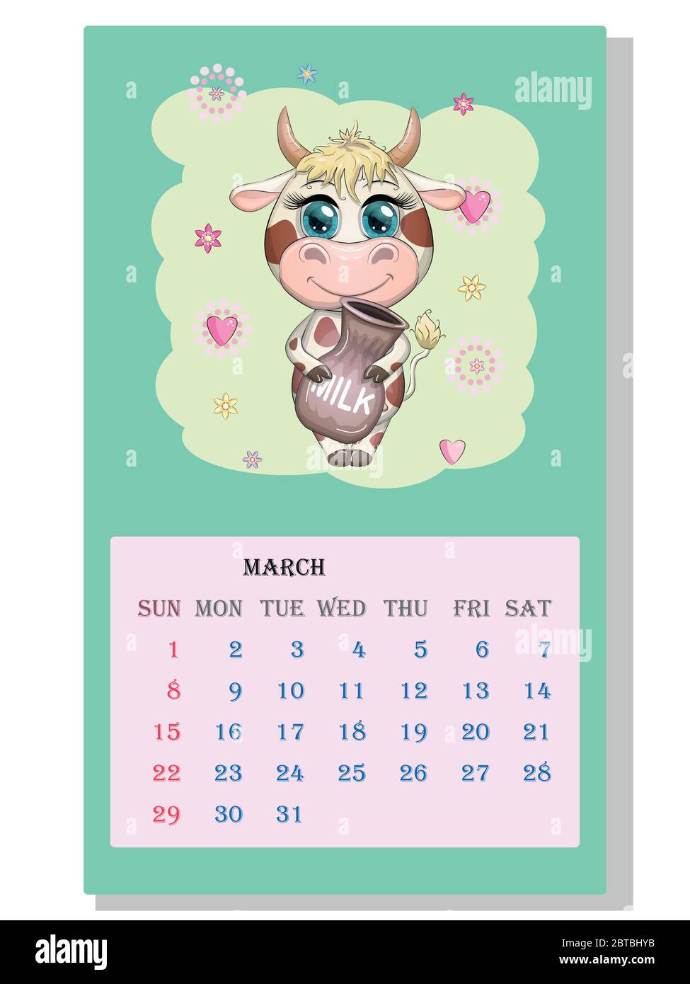 Calendar 2021. Cute bull and cow for every month Stock Vector Image ...