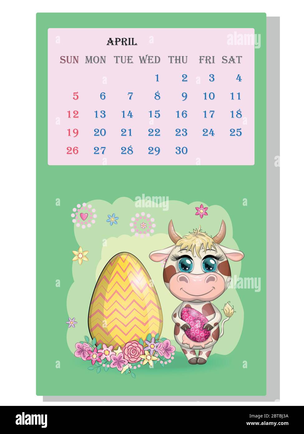 Calendar 2021. Cute bull and cow for every month Stock Vector Image ...