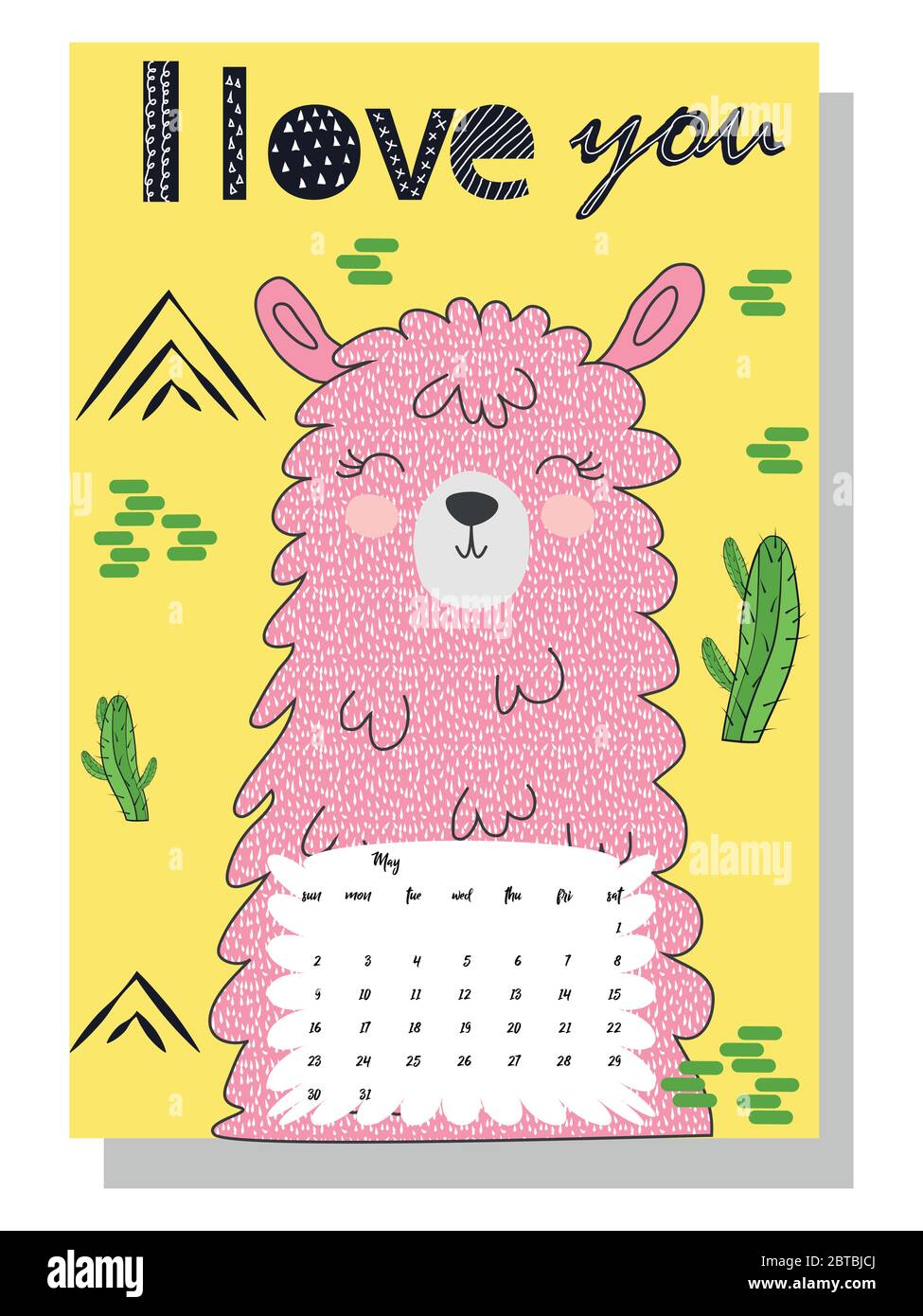 Cute monthly calendar of 2021 with a llama, cactus, inscriptions in the ...