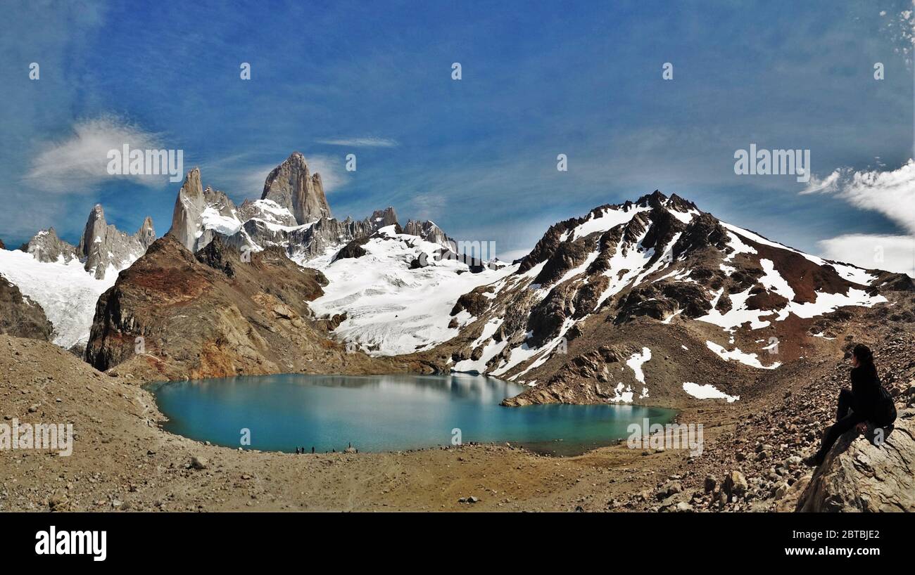 Girl looking at Fitz Roy peak in Argentinian Patagonia in a beautiful ...