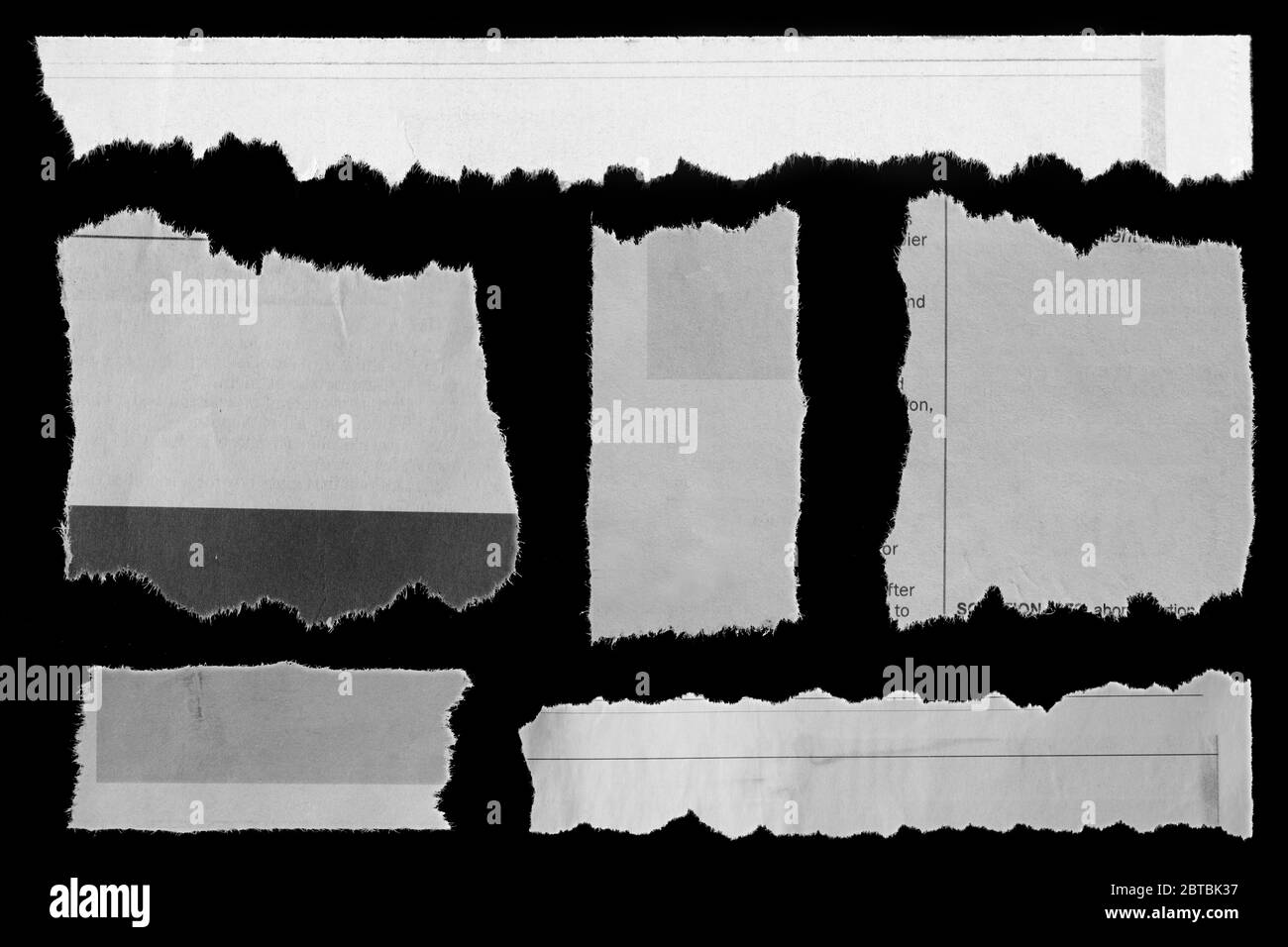 Six pieces of torn newspaper on black background Stock Photo - Alamy