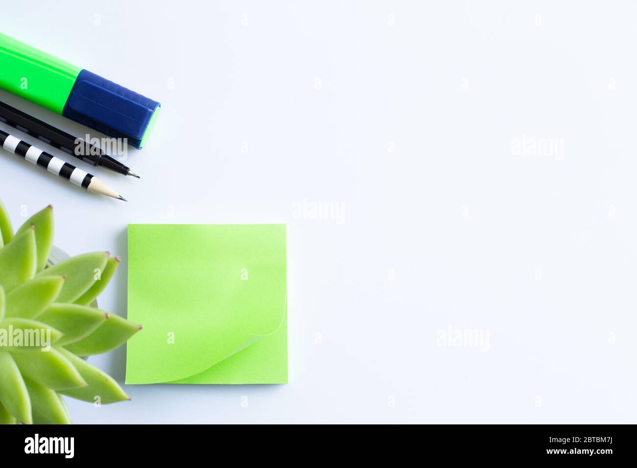 Home plant in soft focus, sticky notes, pen pencil and marker ...