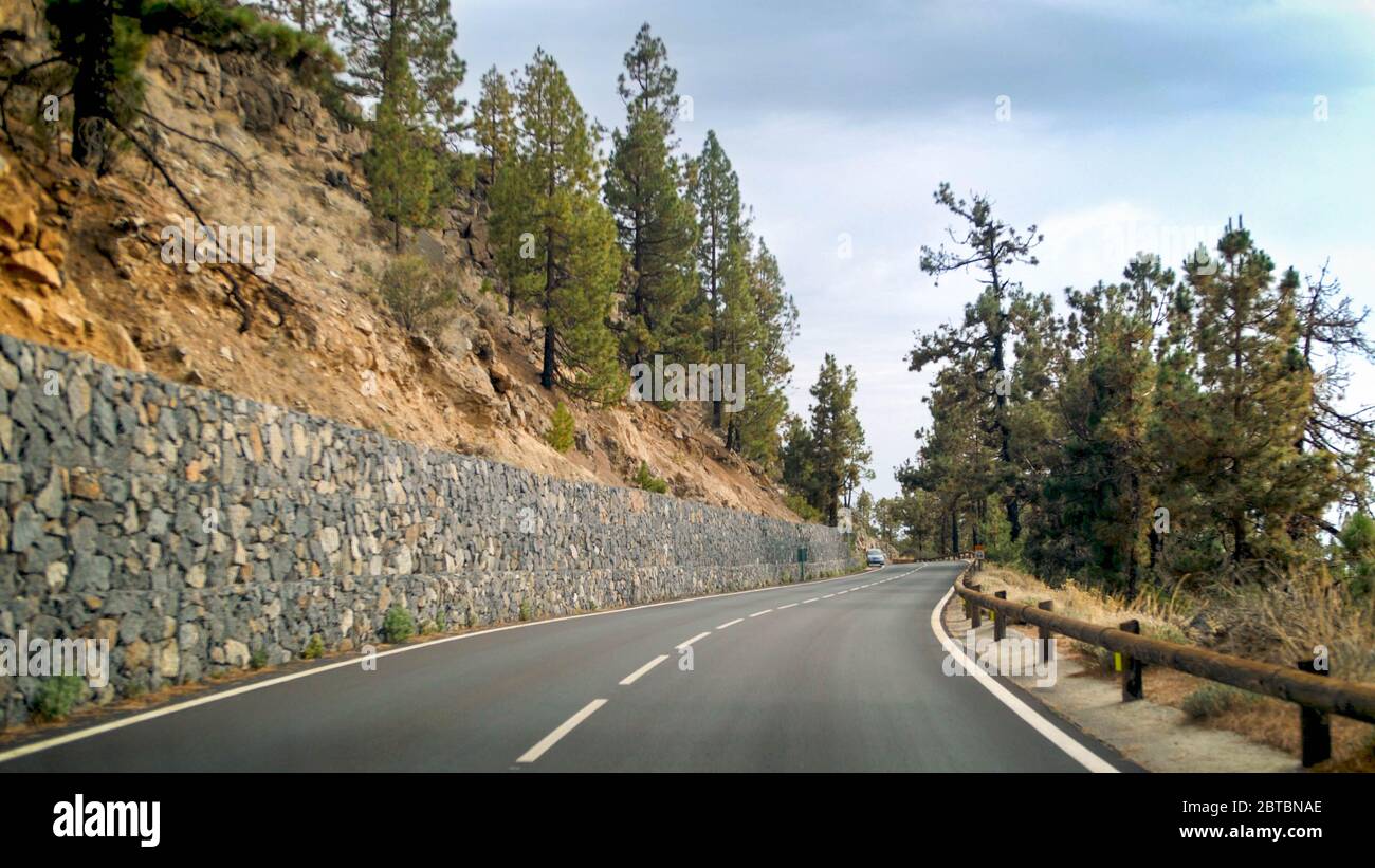 Long highway going through pine forest in mountains Stock Photo - Alamy