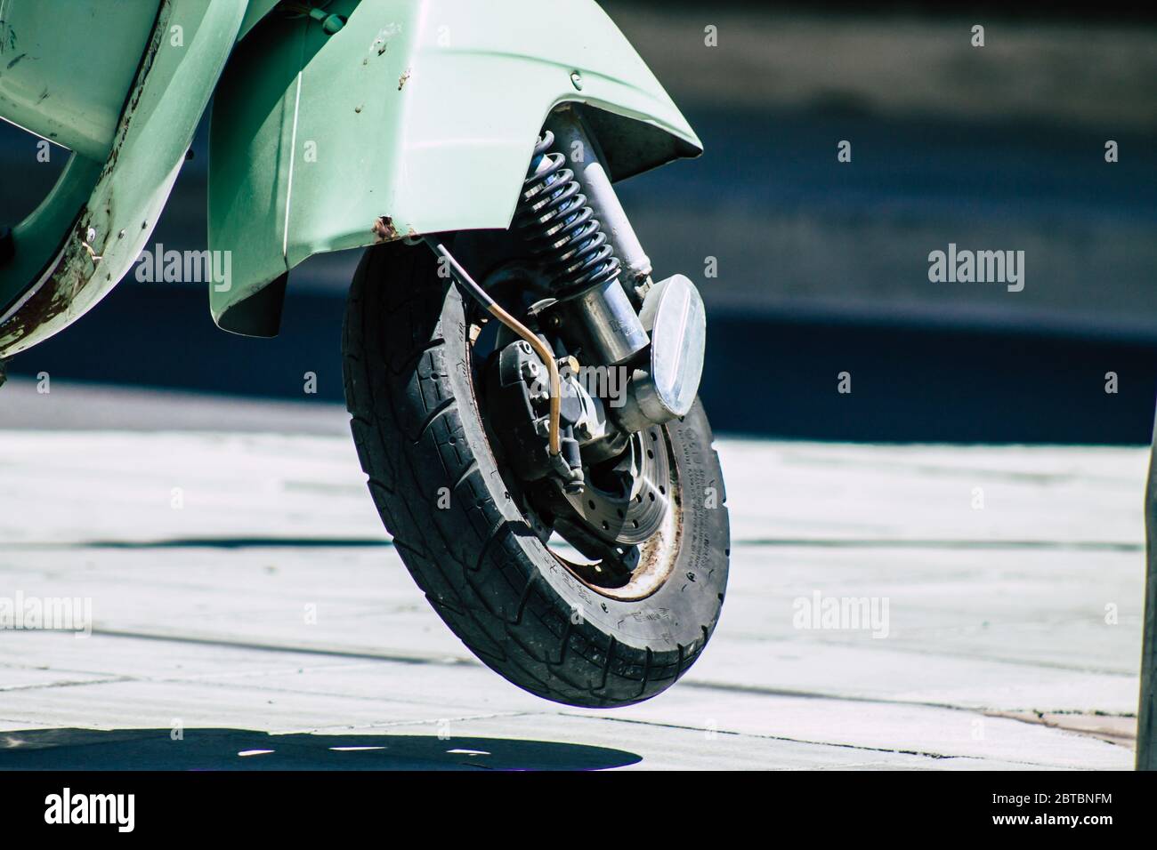 Limassol Cyprus May 24, 2020 Closeup of an old Vespa scooter parked in ...