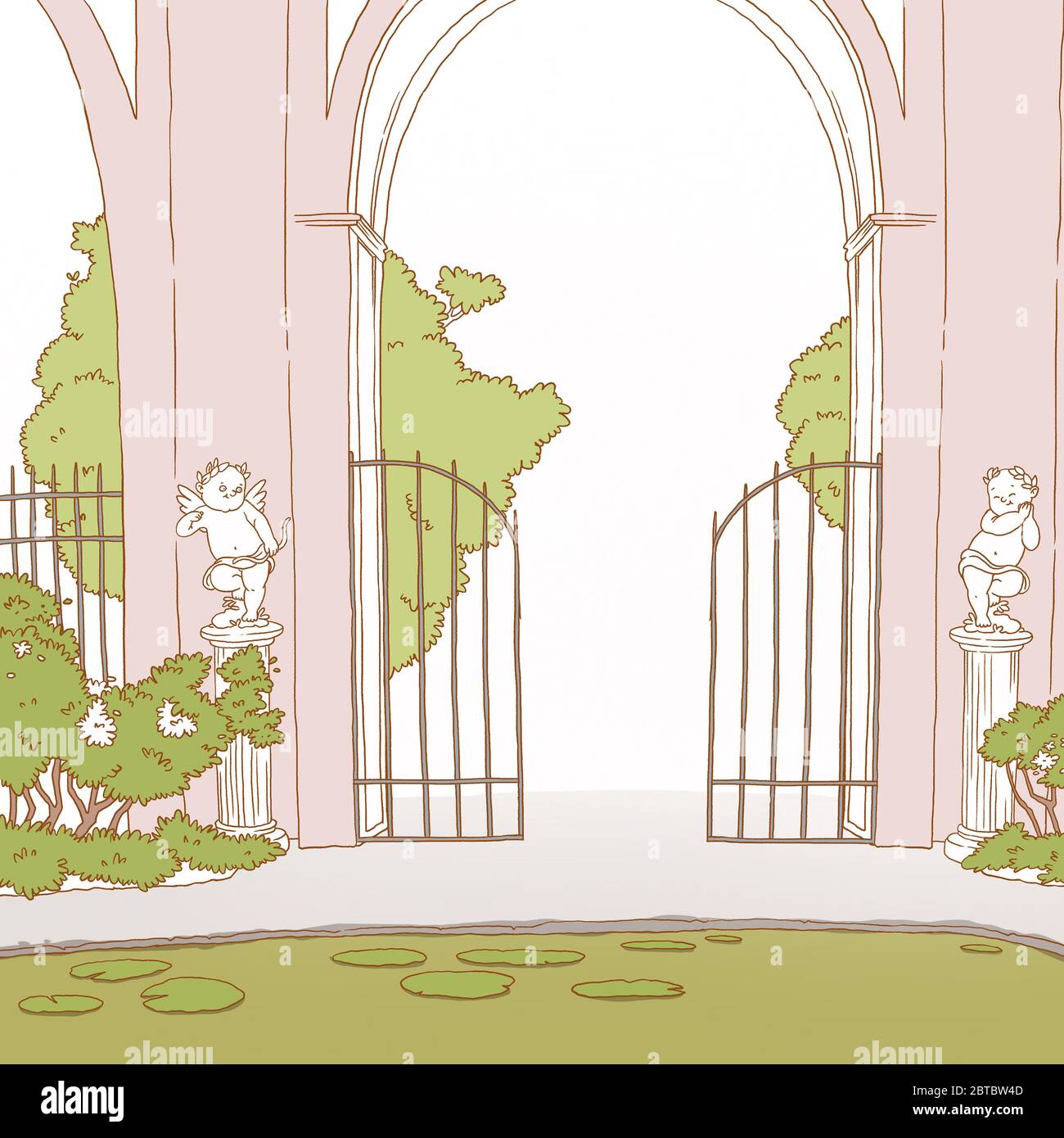 Hand drawn vintage style entrance with gates and cupid statues. Cartoon ...