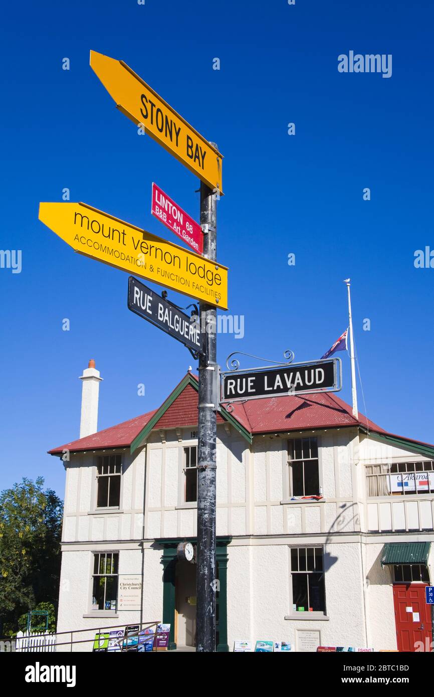 Road signs & Post Office building in Akaroa,Banks Peninsula,Canterbury ...