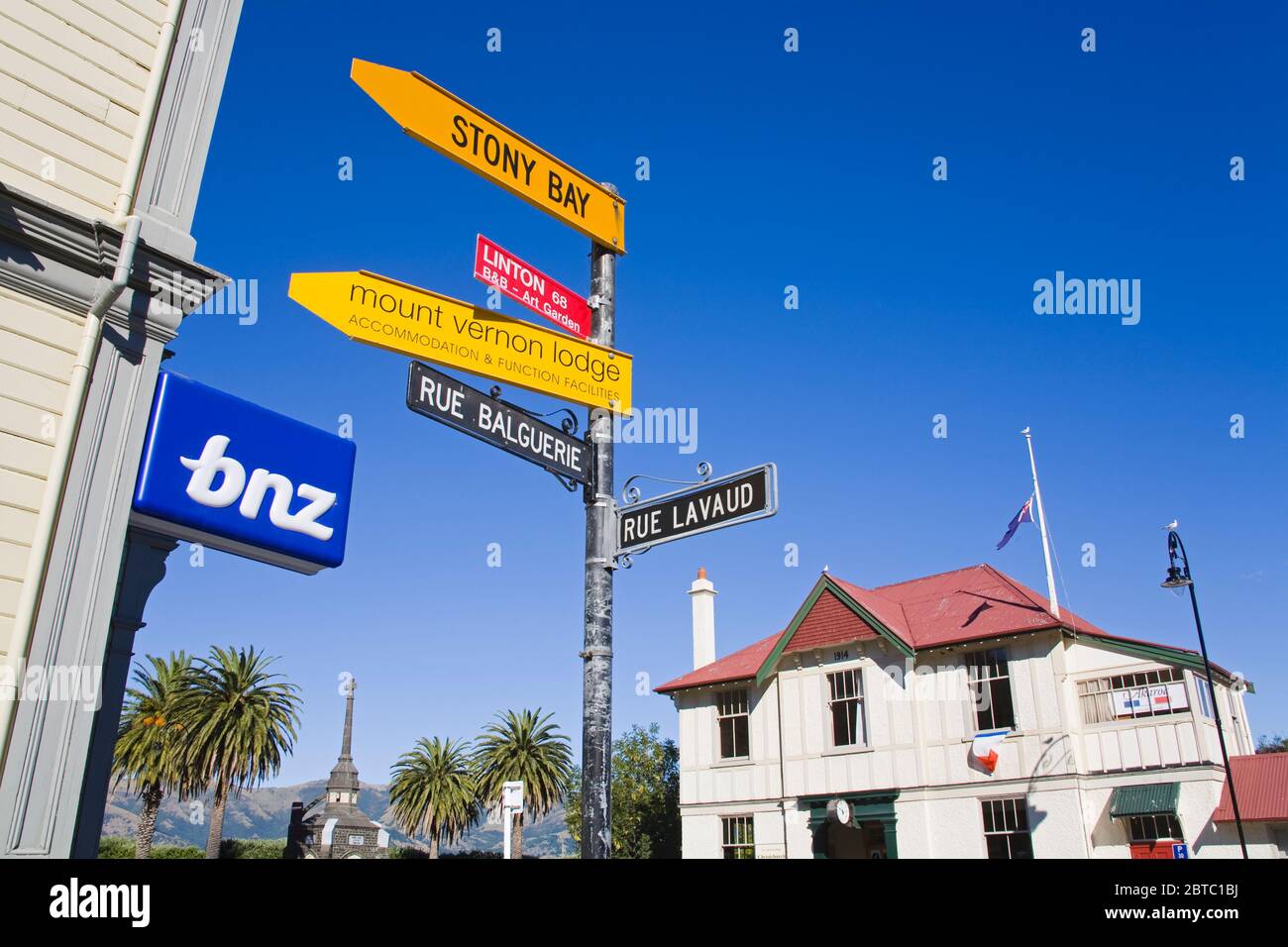 Road signs & Post Office building in Akaroa,Banks Peninsula,Canterbury ...