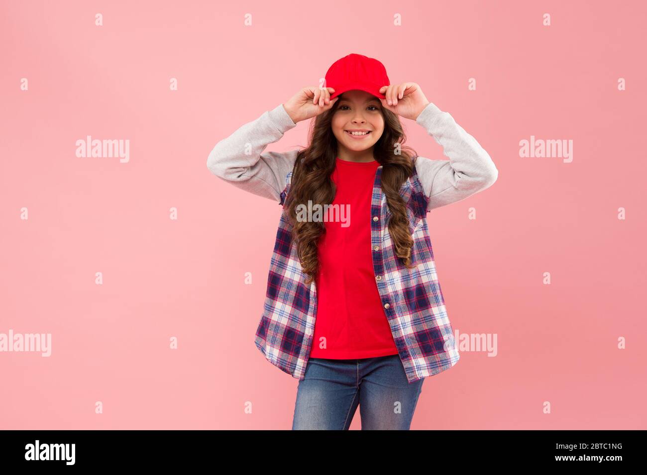 How you doing. Child smiling face. Schoolgirl wear cap. Teen girl in ...