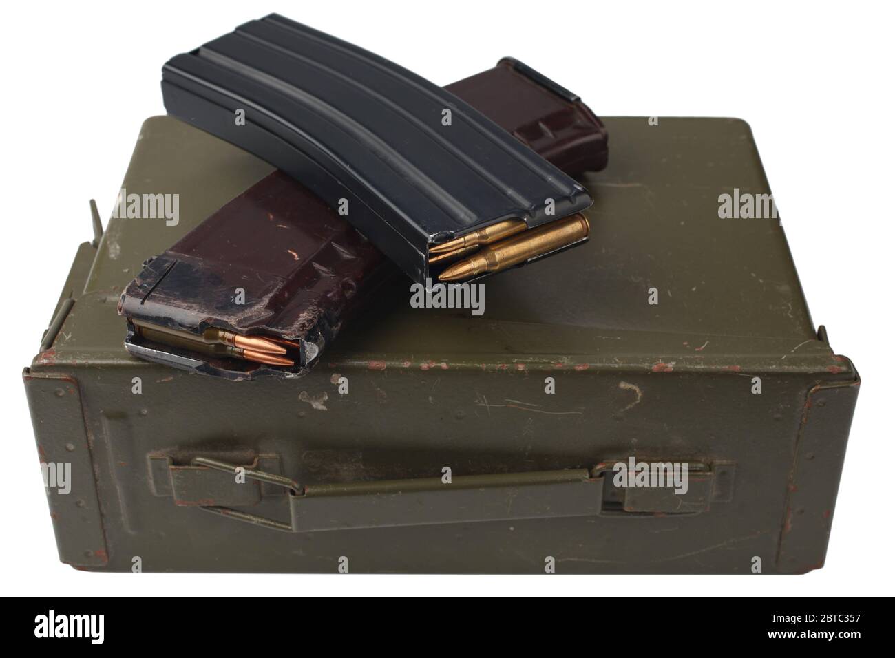 m16 and ak47 magazins on green ammunition can isolated on white ...