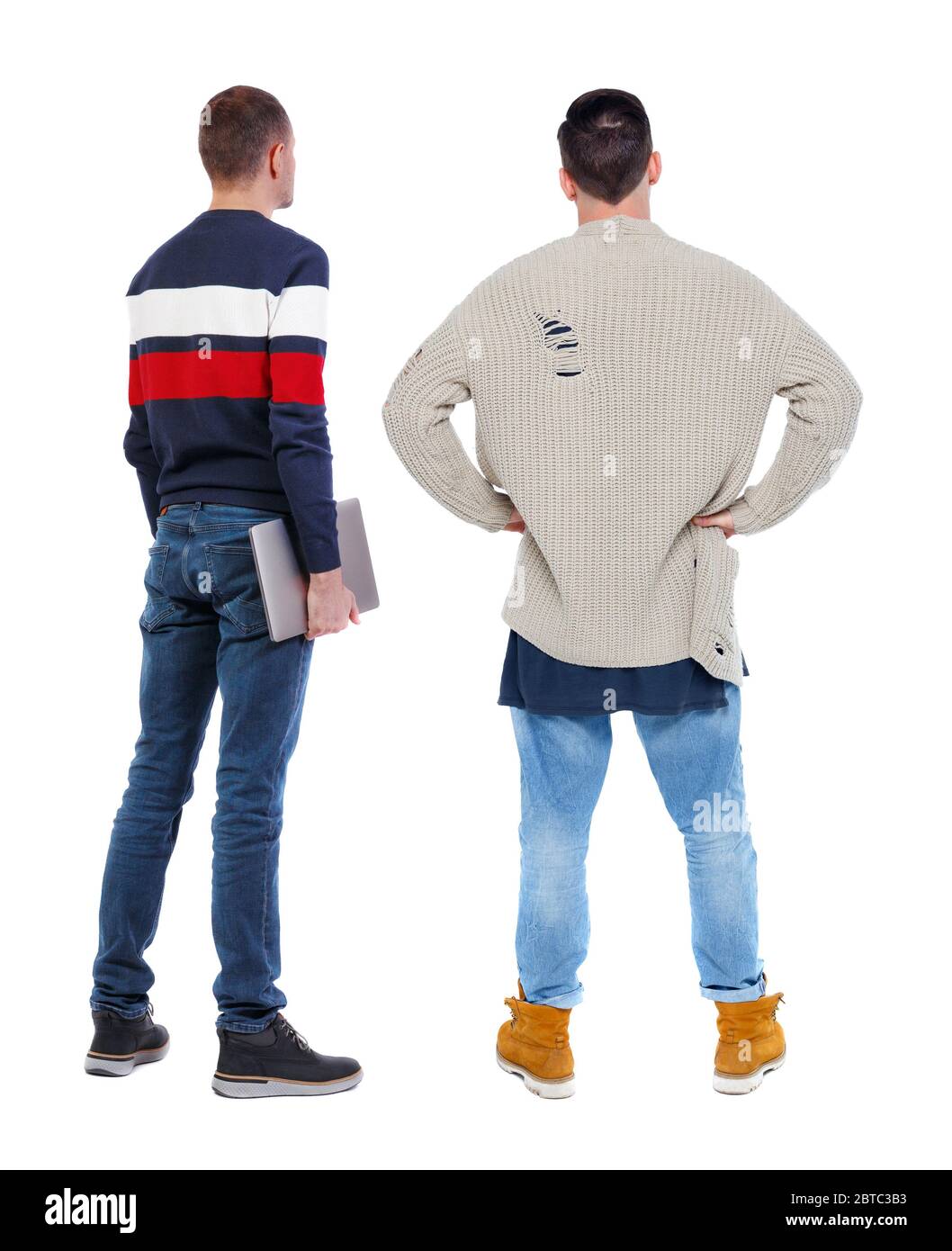 Back view two man in sweater with laptop. Rear view people collection ...