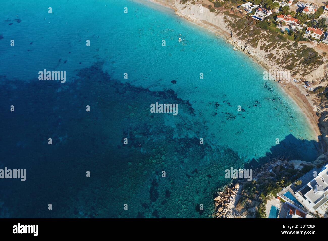 Aerial view of Cyprus coastline, bay with beach and azure sea water ...