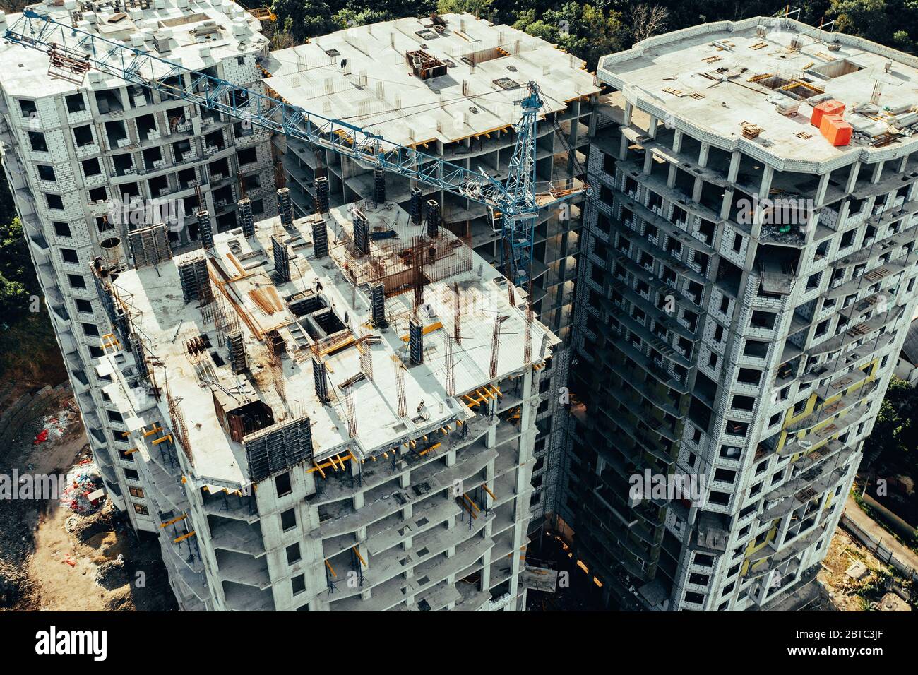 Aerial view of construction site of new modern residential buildings ...