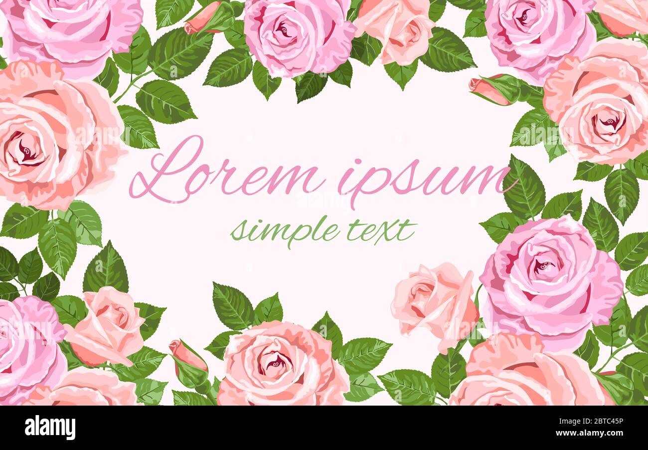 Wedding invitations with pale pink roses wreath on the white background ...