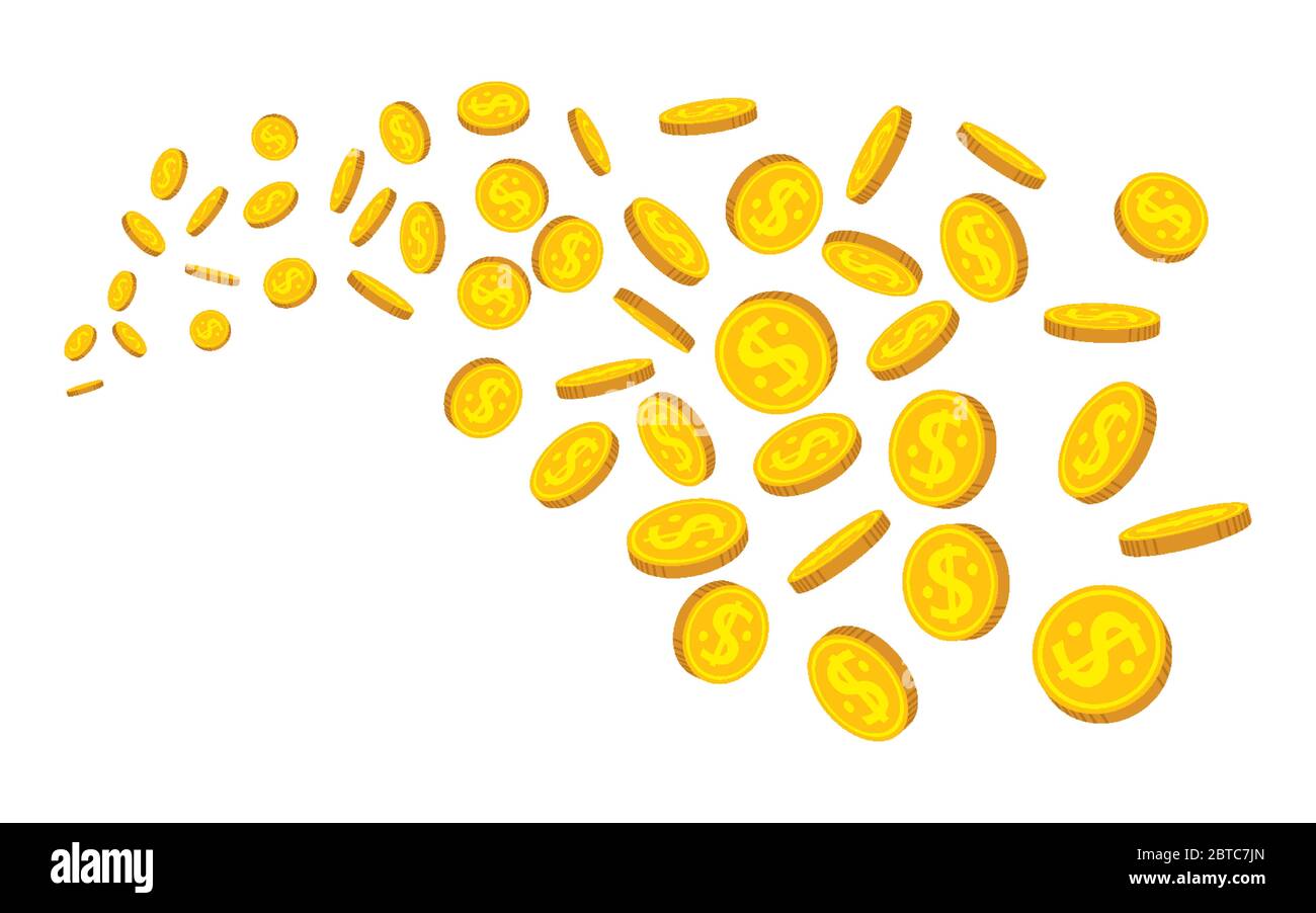 Gold coin flying flat cartoon style. Success golden coins rain. Bank ...