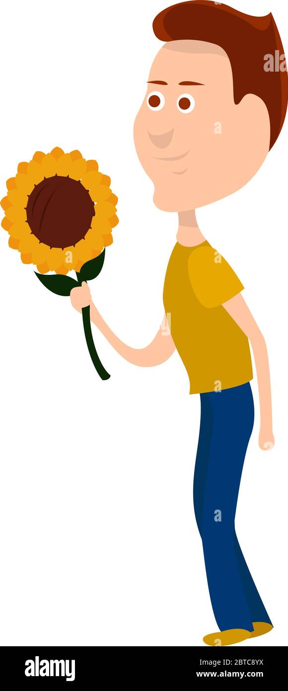 Boy with sunflower , illustration, vector on white background Stock ...