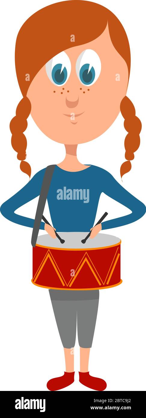 Girl playing drums , illustration, vector on white background Stock ...