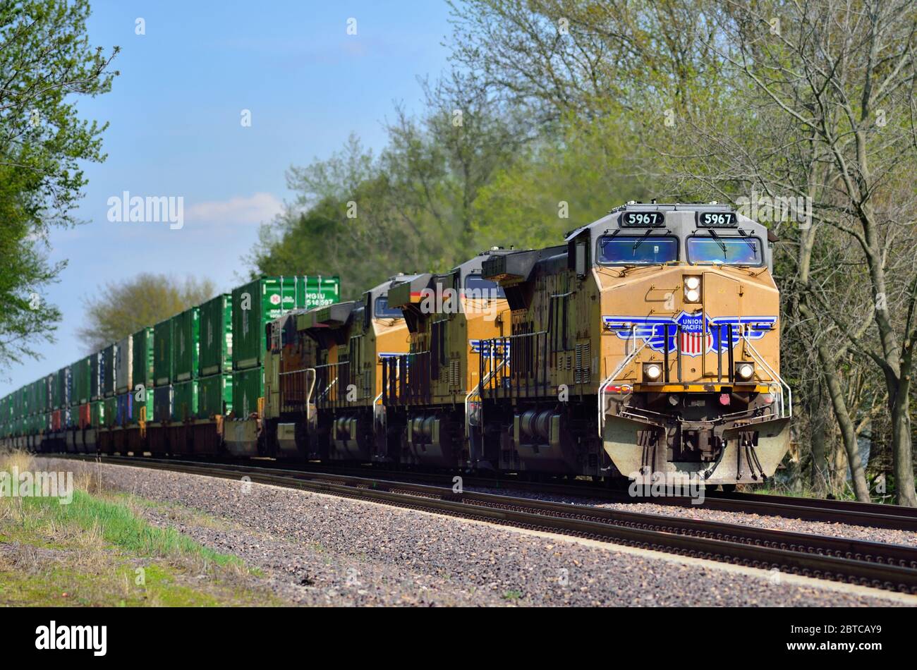 Maple Park, Illinois, USA. Four locomotives lead a Union Pacific intermodal freight train ...