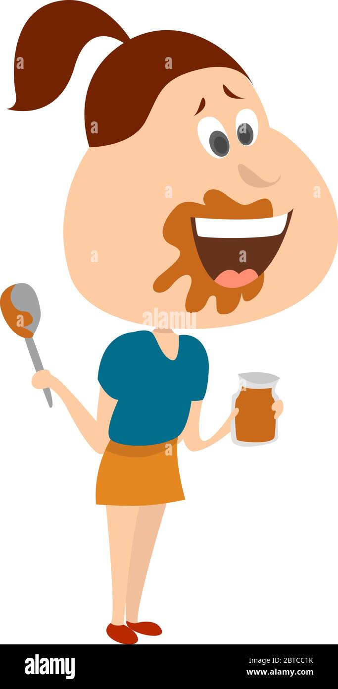 Girl eating peanut butter , illustration, vector on white background ...