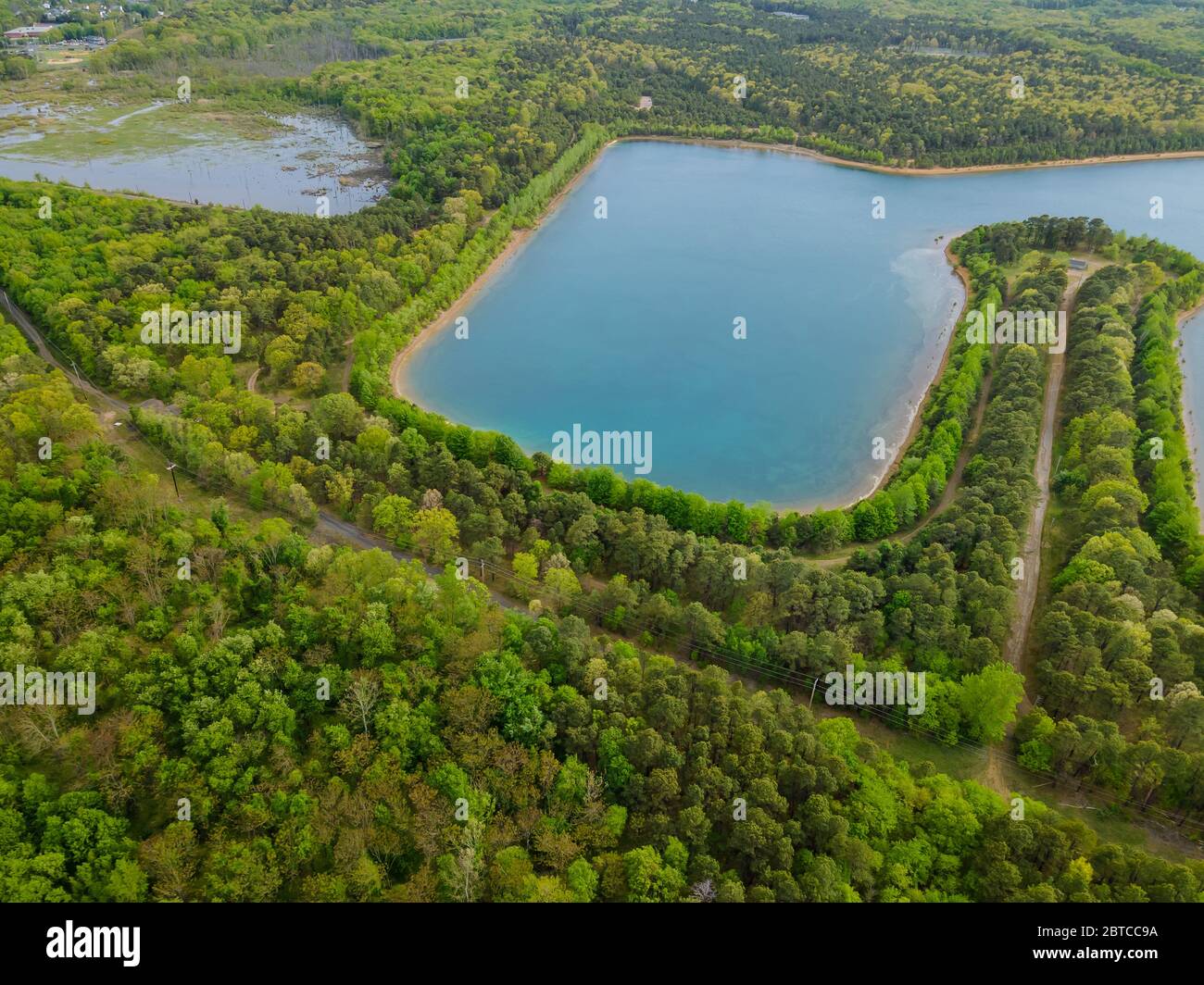 Aerial view panorama of idyllic natural pond of over trees forest Stock ...