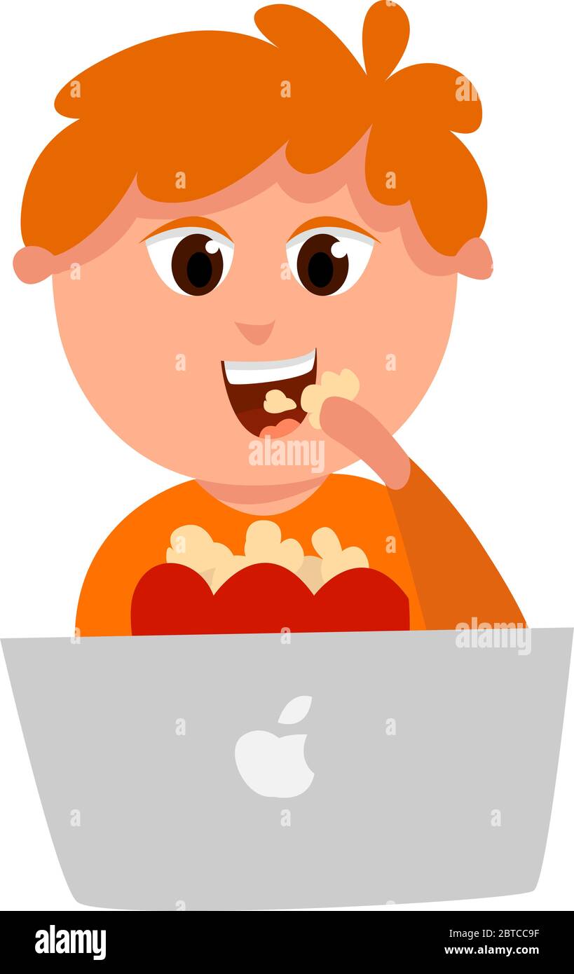 Boy watching movie and eat popcorn , illustration, vector on white ...