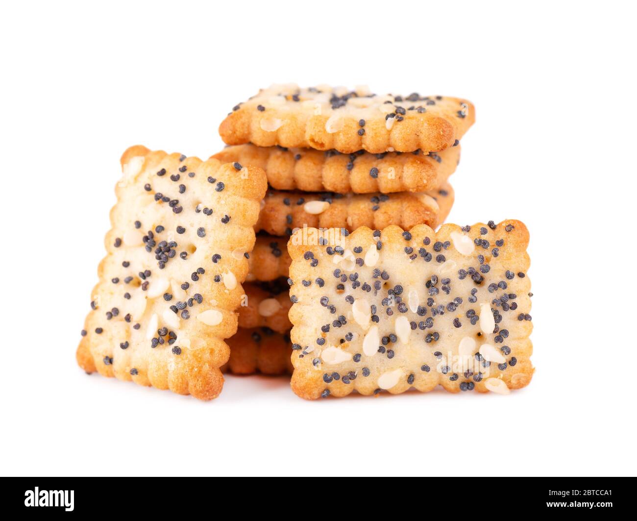 Square poppy seeds and sesame crackers isolated on white background ...