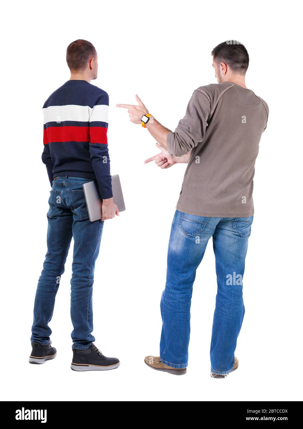 Back view two man in sweater with laptop. Rear view people collection ...