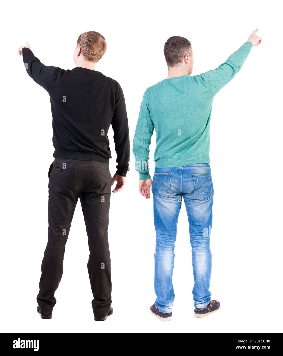 Back view of two man in sweater pointing. Rear view people collection ...