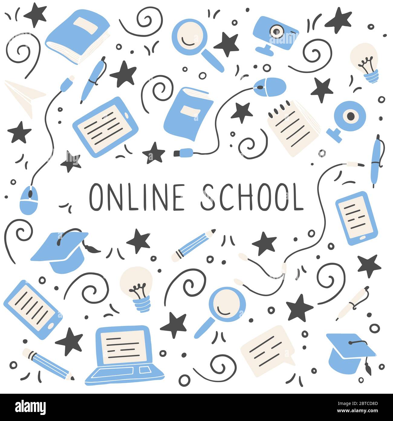 Hand drawn set of online education elements, laptop, pencil, book ...