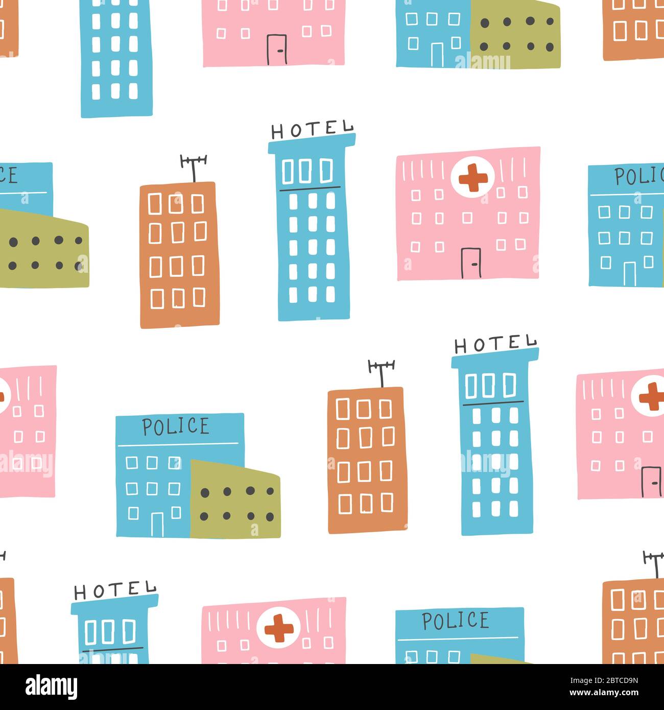 Seamless pattern of childish cartoon town, city with tree and building for fabric, wallpaper ...