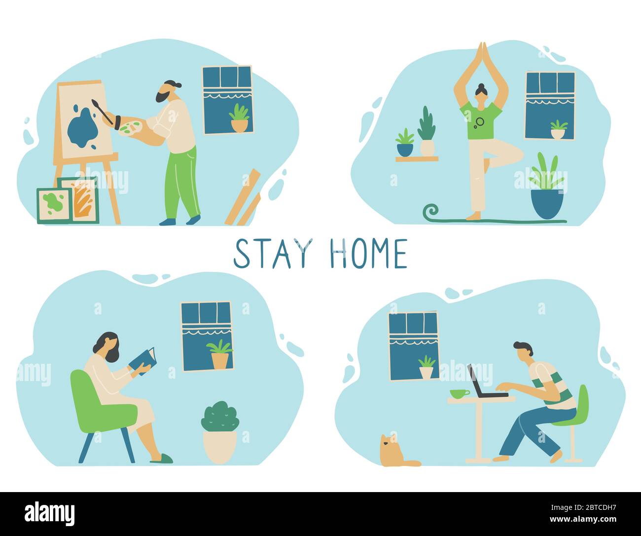 Set of people character on the quarantine. Stay home, social distance ...