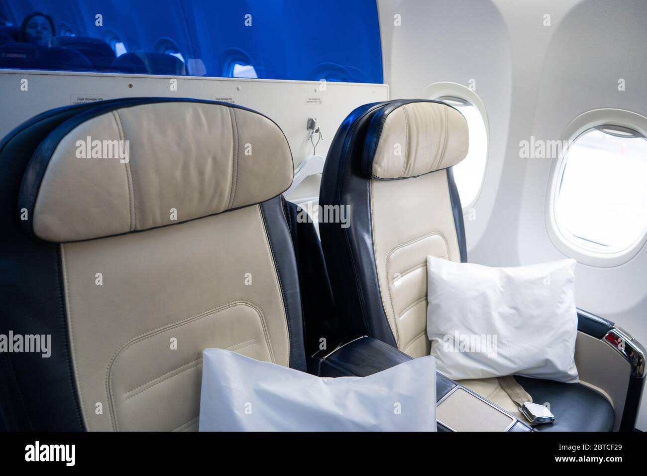 The interior of the aircraft. Empty airplane cabin. Seats for ...