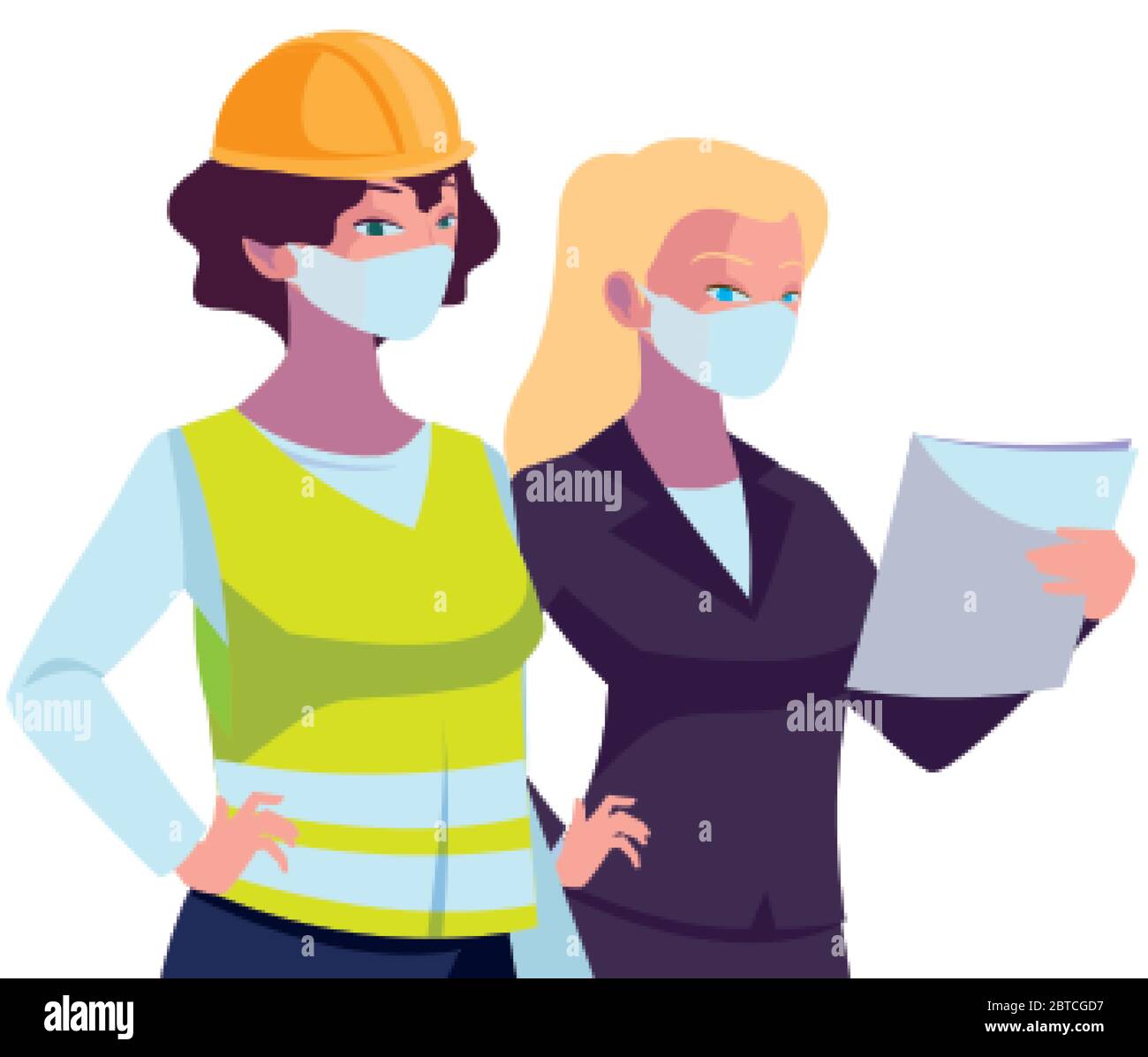 industrial women workers with face masks vector illustration design ...