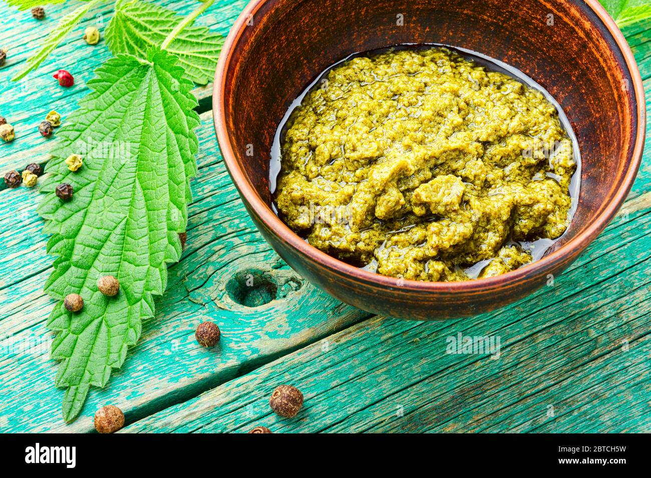 Homemade summer nettle leaf sauce.Appetizing herbal sauce for food ...