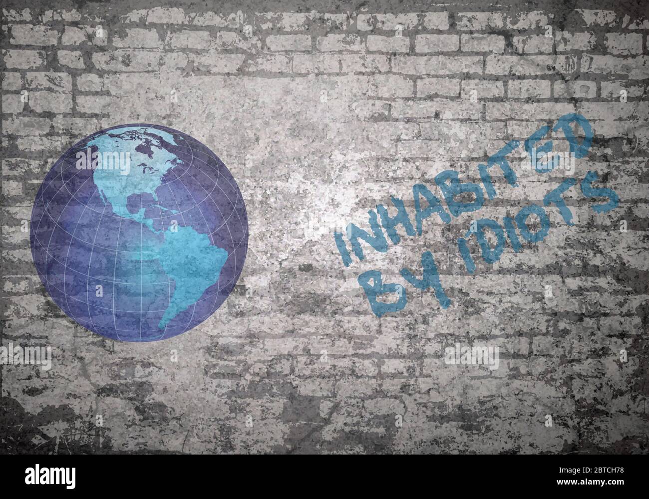 Grunge decayed faded brick wall background with planet earth inhabited ...