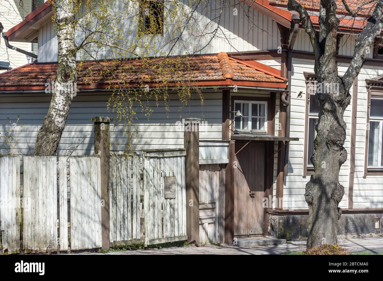 Traditional wooden department houses by the Linnankatu street in Turku ...