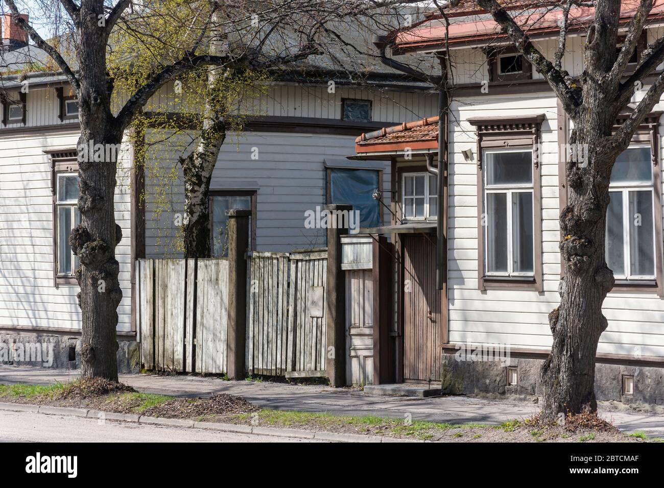 Traditional wooden department houses by the Linnankatu street in Turku ...