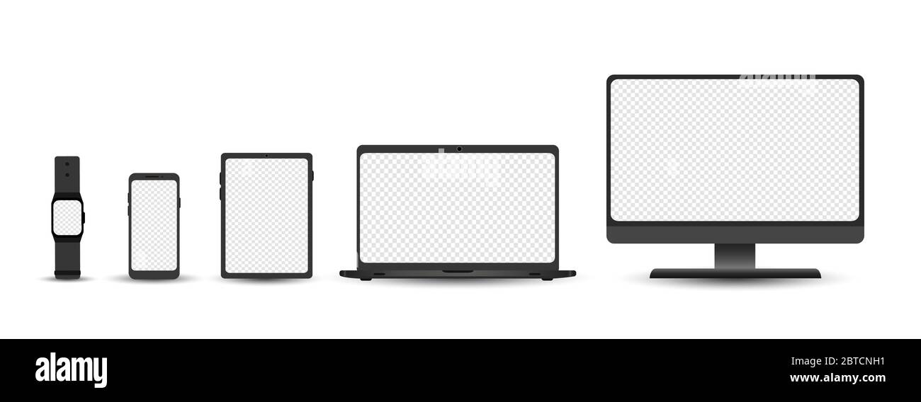 Device set - desktop, laptop, tablet, phone and smartwatch template ...