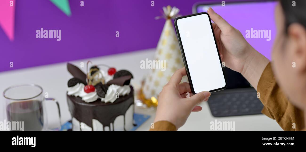 Online birthday party concept, female video calling on mock-up ...