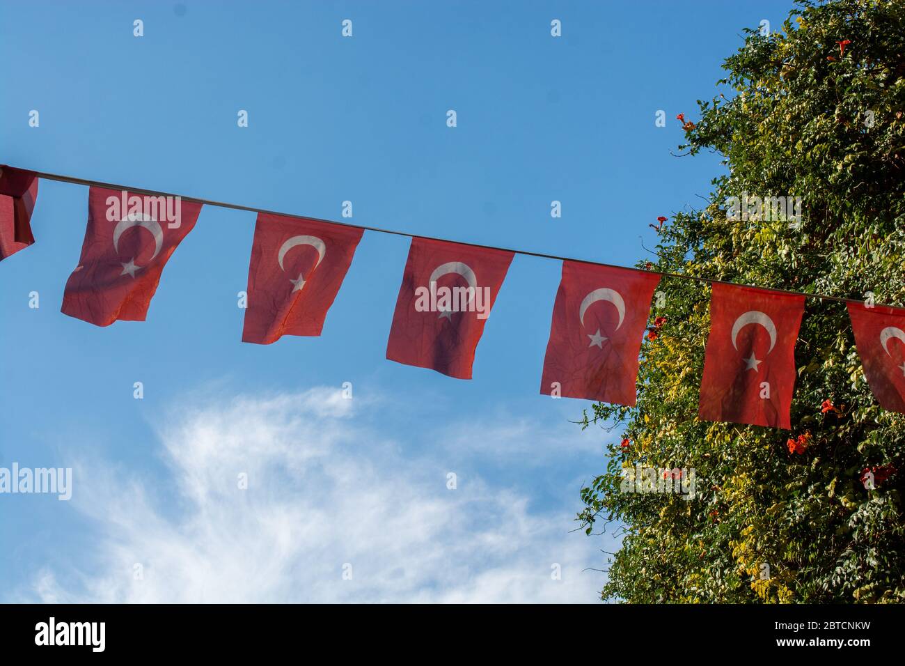 Turkish national flags with white star and moon in sky Stock Photo - Alamy