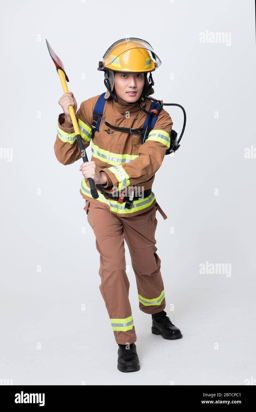 Asian male and female firefighter portrait, young smiling fireman in ...