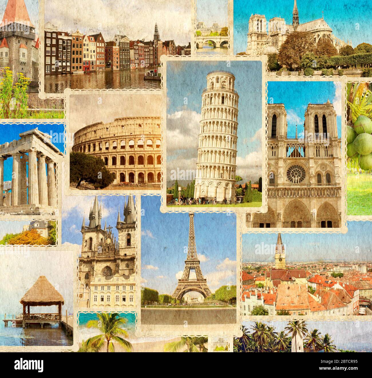 Vintage travel background with retro photos of european landmarks ...