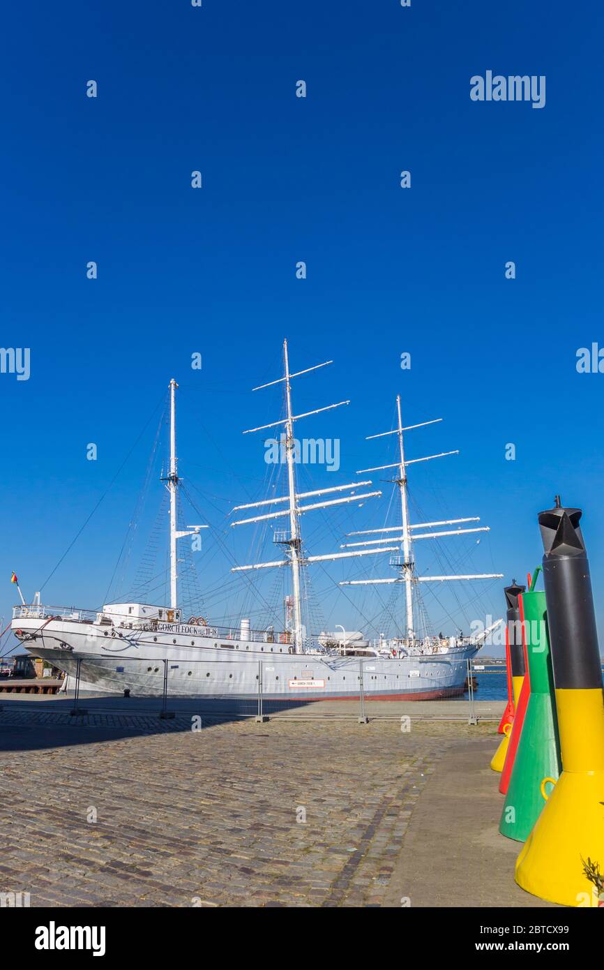 Historic three mast sailing ship at the quay in Stralsund, Germany ...
