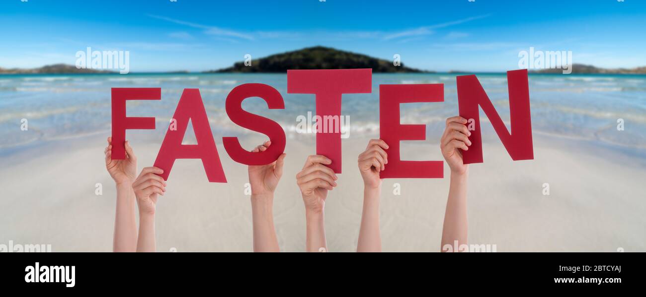 People Hands Holding Word Fasten Means Fasting, Ocean Background Stock ...